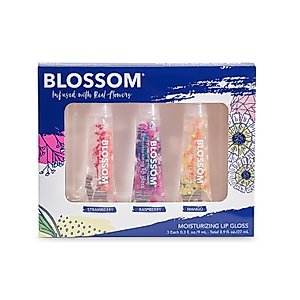 Blossom Scented Moisturizing Lip Gloss Tubes, Infused with Real Flowers, 0.9 fl. oz/27ml, 3 pack Gift Set, Strawberry/Raspberry/Mango