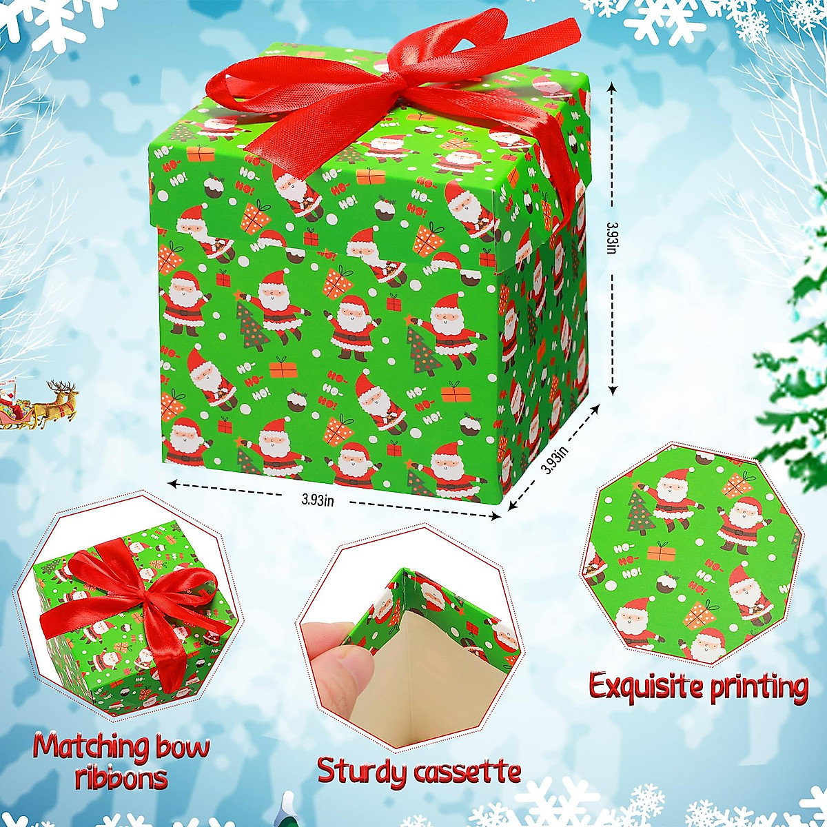 Cholemy 36 Pieces Christmas Gift Boxes with Lids Small Squared Boxes with Ribbon Xmas 4x4x4 Boxes Holiday Bow Box Gift Wrap Boxes for Christmas Party Favor Present Packaging, 12 Designs