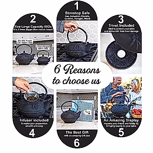 XXL Cast Iron Teapot Xtra Large Capacity 85Oz/2500ml with Trivet and Loose Leaf Tea Infuser, Large Cast Iron Teapot Kettle Stovetop Safe. Tetsubin Coated with Enamel Interior - Big Teapot Black