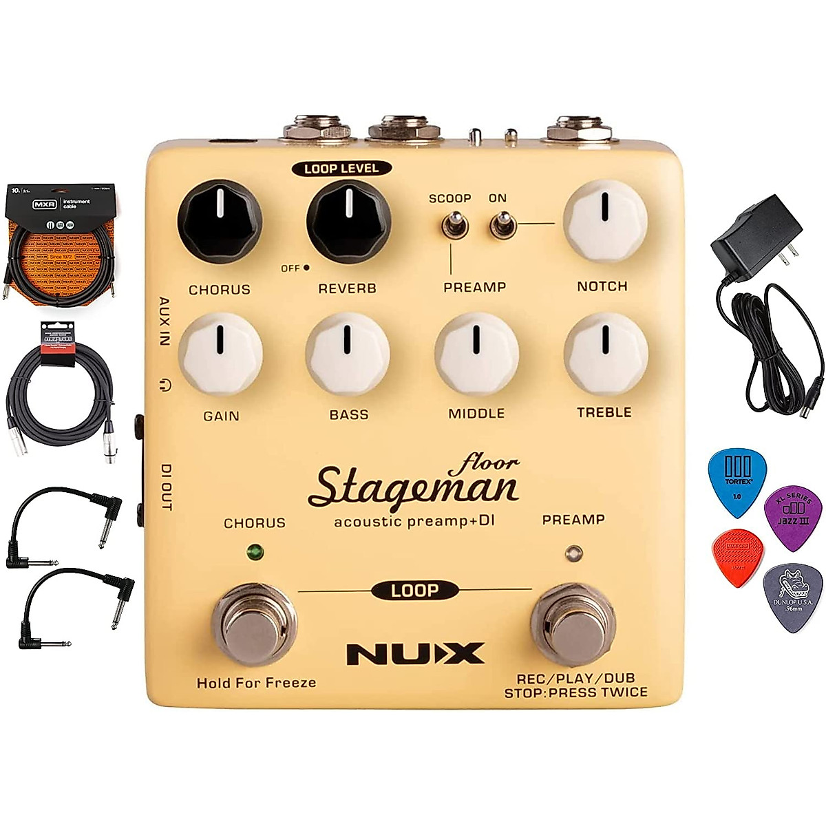 NUX Stageman Floor Acoustic Preamp/DI Pedal Bundle with MXR Instrument Cable, Two Patch Cables, Strukture Microphone Cable, Dunlop Guitar Picks and Power Supply