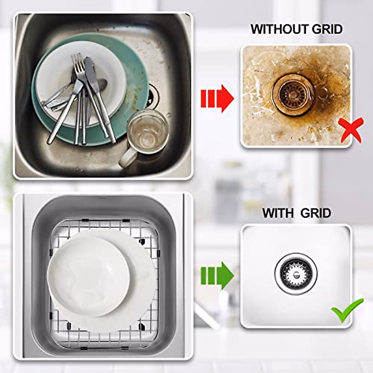 ARLBA 2Pack 304 Stainless Steel Sink Protector for Double Kitchen Sink Rear Drain,(13"x16"& 11.26"x14.5") Metal Sink Grid Sink Grate Sink Rack for Bottom of Kitchen Sink w/Sink Strainers Rubber feet