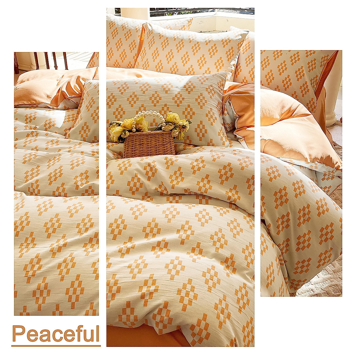 Doimier Duvet Cover Queen Boho, 4 PCS Vintage Bedding Sets, Gingham Patterned Comforter Covers Set with Zipper Closure, Soft Breathable Geometric Orange Rhombus (Diamond Grid, Queen)