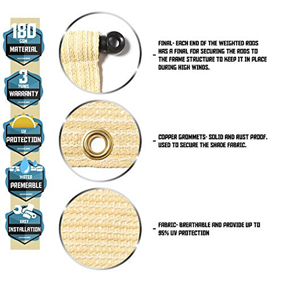 TANG Outdoor Pergola Shade Cover Canopy for Patio Deck Porch Backyard Gazebo Replacement Shade Cover with Spaced Grommets Weighted Rods 10'x16' Beige