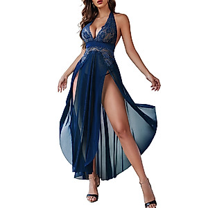 Avidlove sexy lingerie for women naughty for sex Deep V Neck Nightwear Mosaic Lace Mesh Dress Navy Blue Medium