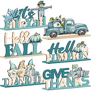 Quzzil 6 Pcs Thanksgiving Wooden Sign Blue Autumn Table Decoration Pumpkin Centerpieces Hello Fall Tabletop Decor for Harvest Farmhouse Home Tables Decor Thanksgiving Theme Party Decorations Supplies