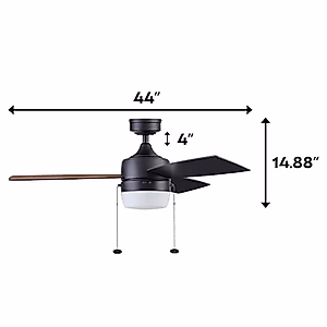 Honeywell Ceiling Fans Barcadero, 44 Inch Contemporary Indoor LED Ceiling Fan with Light, Pull Chain, Dual Mounting Options, Dual Finish Blades, Reversible Motor - 51476-01 (Matte Black)