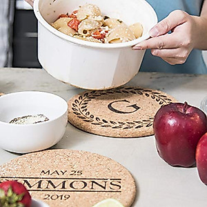 Custom Catch Personalized Cork Trivet Gift - (2) 7" Hot Pads - Monogram Wreath Customizable Trivets for Hot Dishes, Pots, Pans, Baking Sheets, Hot Plates for Table, Countertop, Kitchen