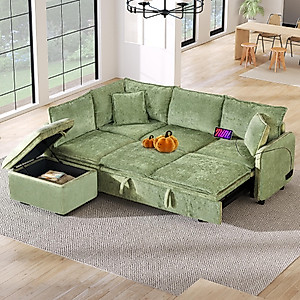 FANYE L-Shaped Oversized Convertible Sleeper Sectional Sofa Couch Daybed W/Pull Out Sleep Sofabed,Storage Ottoman, 2 Pillows, Power Sockets and USB Charging Ports for Living Room