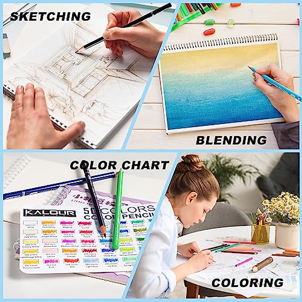 KALOUR Premium Colored Pencils for Adult Coloring Book,Set of 50 Colors,Zipper Slot Pencil Case,with Sharpener,Colorless Blender Pencils,Soft Core,Ideal for Layering Blending,for Artists Beginner