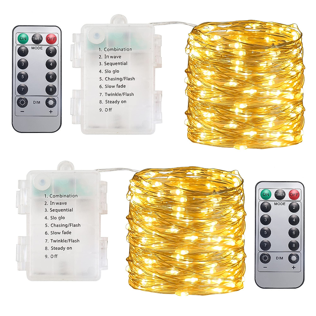 Whalegend Outdoor Lights 2 Pack 33ft 100LED Battery Powered Copper Wire String Lights 8 Modes with Remote Control for Bedroom Christmas Party Home Wedding Decorations Garden Indoor Decor Warm White