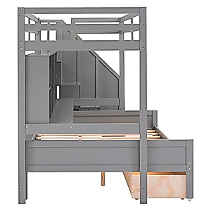 DEYOBED Twin Over Full Wooden Bunk Bed with Storage Shelves Drawers and Staircase for Kids Teens Adults