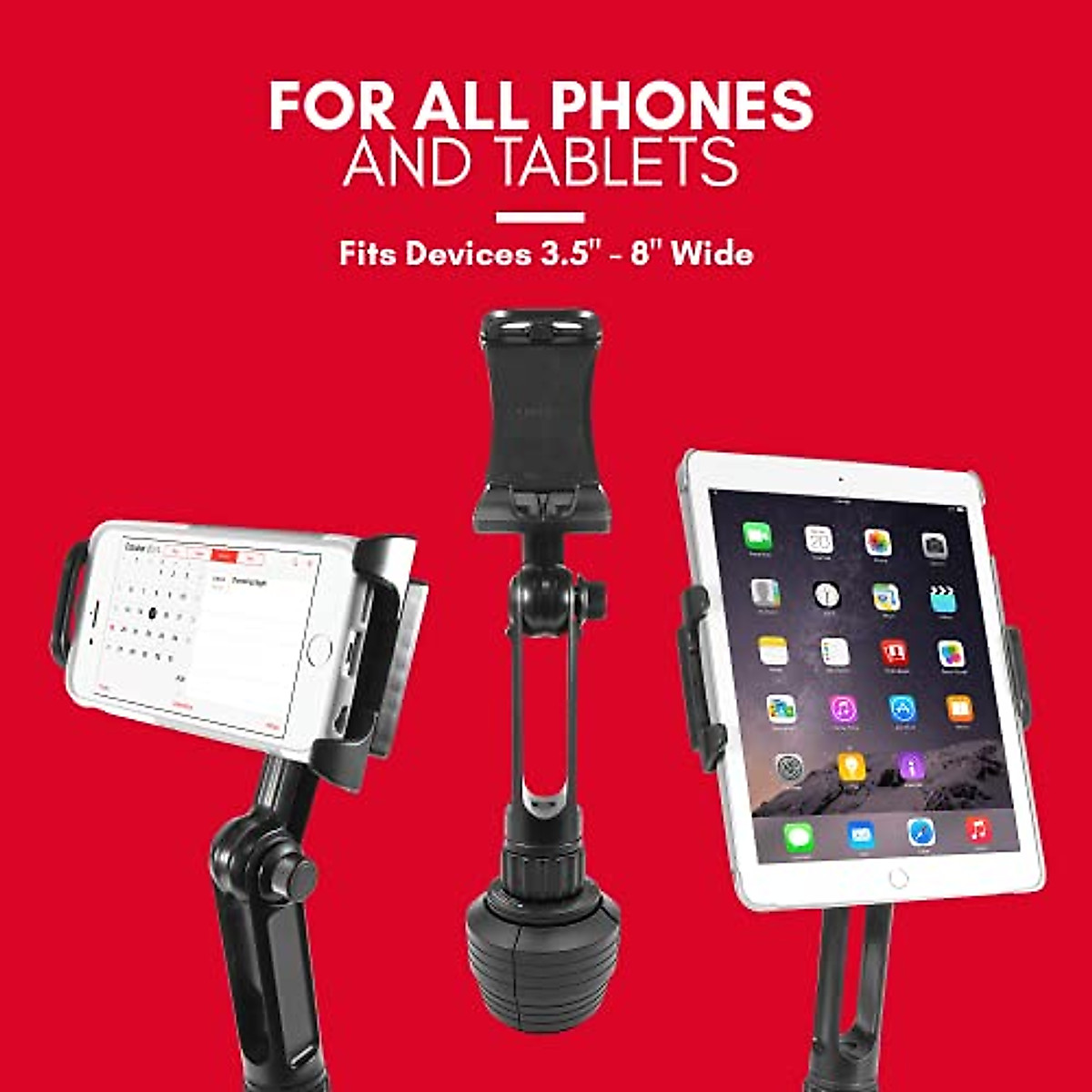 Macally Cup Holder Tablet Mount - Heavy Duty iPad Cup Holder Car Mount Stand or Tablet Holder for Car, Truck, and Vehicle - Fits Devices 3.5" - 8” Wide with Case - Adjustable iPad Holder for Car