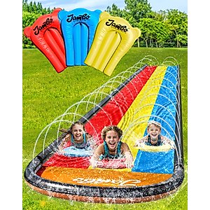 JAMBO 16Ft Premium 3 Lane Slip Splash and Slide with Bodyboards, Heavy Duty Water Slide- Advanced 3-Way Sprinkler System, Splash Mat Splash Pad Backyard Waterslide Outdoor Water Toys n Slides for Kids