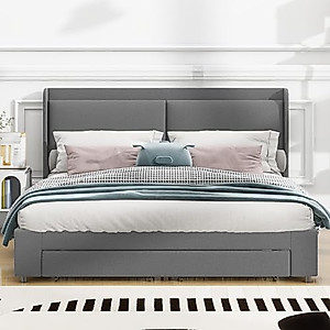 BOVZA Queen Size Lift Upholstered Platform 2 Drawers, Modern Wingback Headboard, Hydraulic Storage Bed Frame, Linen Gray