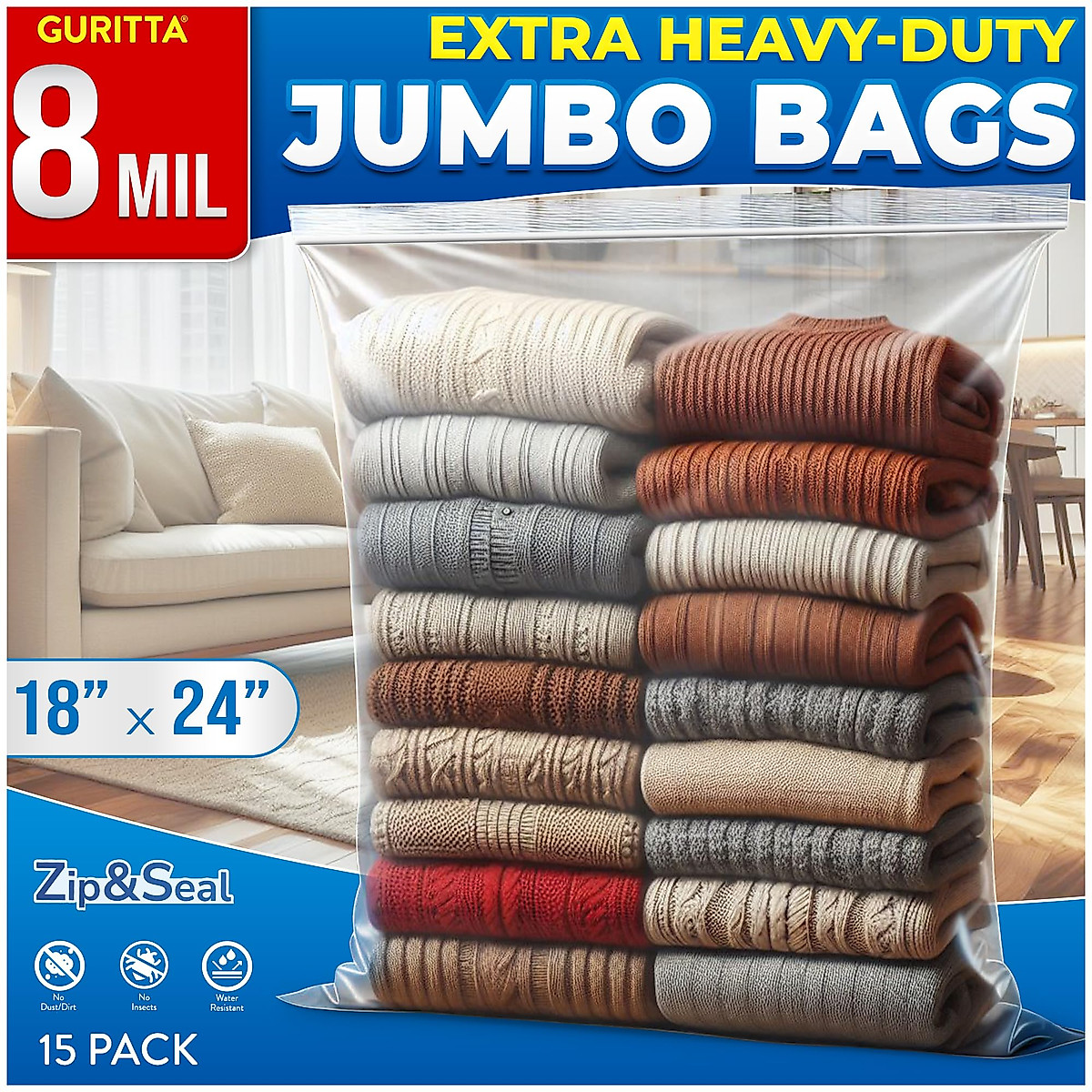 EXTRA LARGE Zip Top Bags for Storage, 5 GALLON Resealable bags, JUMBO Storage Bags, GIANT Plastic Bags, REUSABLE BPA-Free XXL Freezer Food Storage Bag, HEAVY DUTY 8 Mil Thick Big Zip Moving Bags