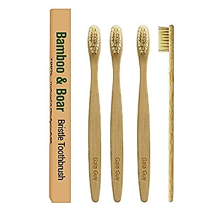 Gaia Guy Bamboo and Boar Bristle Toothbrush (4 Pack) + Travel Case & Silk Dental Floss | 100% Compostable Bristles and Floss | Eco-Friendly Dental Set | Biodegradable & Compostable Wooden Toothbrushes