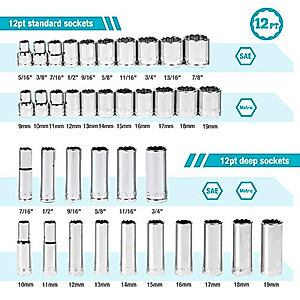 DURATECH 3/8" Drive Socket Set, 40 Piece Tool Set Including Standard (SAE) and Metric Sockets, 90-Tooth Ratchet Handle and Extension Bar