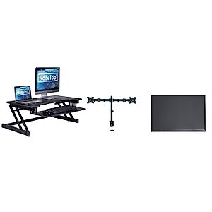 Rocelco 37.5" Deluxe Height Adjustable Standing Desk Converter with Dual Monitor Mount and Anti Fatigue Mat Bundle | Sit Stand Up Computer Workstation Riser | Keyboard Tray | Black (R DADRB-DM2-MAF)