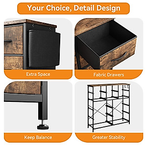 12 Dresser for Bedroom, Chest of Drawers for Bedroom with Side Pockets and Hooks, Fabric Storage Dresser, Sturdy Steel Frame, Wood Top, Easy Pull Handle (Rustic Brown)