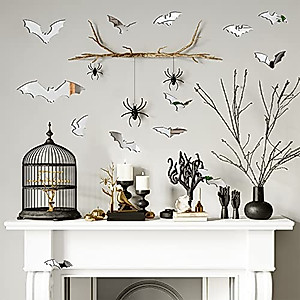 CREATCABIN Halloween Bats Acrylic Mirror Sticker Wall Decal Decoration Removable Self-Adhesive Waterproof for Holiday Party Supplies Home Window Decor 3D DIY (Style 10, 16pcs), Silver