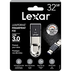 Lexar LJDF35-32GBNL Jumpdrive Fingerprint F35 32 GB USB 3.0 Flash Drive, Black/Silver