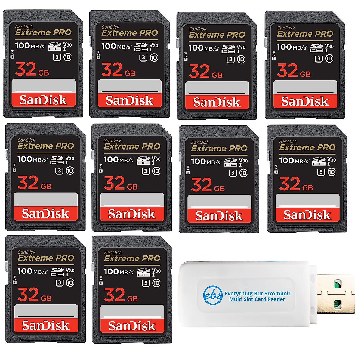 SanDisk 32GB SD Extreme Pro Memory Card (Ten Pack) for Digital DSLR Camera 4K UHD V30 UHS-I Class 10 U3 (SDSDXXO-032G-GN4IN) Bundle with (1) Everything But Stromboli MicroSDHC & SD Card Reader