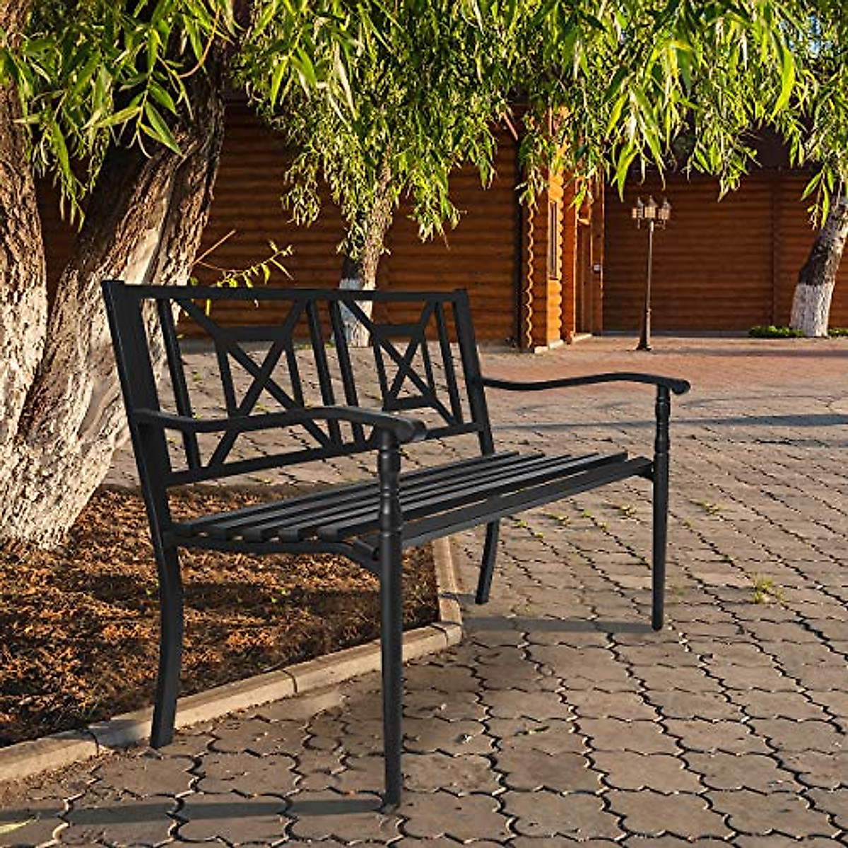 Giantex Patio Garden Bench, Heavy-Duty Park Bench w/Powder Coated Steel Frame, Elegant Loveseat w/Decorative Backrest & Ergonomic Armrest for Outdoor Garden, Backyard, Lawn, Porch, Path (Black)