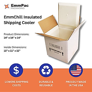 EmmChill SF14A Insulated Shipping Cooler, 14" x 14" x 14" (Inside 11" x 11" x 11")