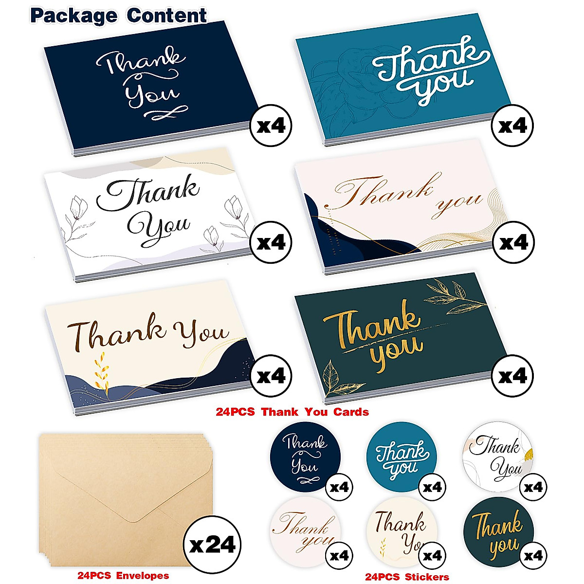 HSHFAMIIY 24 PCS Thank You Cards With Envelopes, 6x4 Inch Thank You Cards with Seal Stickers,Minimalistic Design, Suitable for Business, Baby Shower, Wedding, Small Business, Bridal Shower, etc