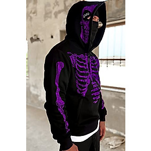 Easyoyo Skeleton 1/4 Zip Up Hoodie for Men Women, Gothic Diamond Glitter Oversize Grunge Punk Dark Sweatshirt
