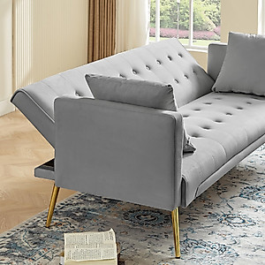Anwick Modern Velvet Futon Sofa Bed: 72" Satin Convertible 2 Pillows Tufted Back Golden Metal Legs Folding Sleeper Loveseat for Small Space Home Office Living Room (Grey)