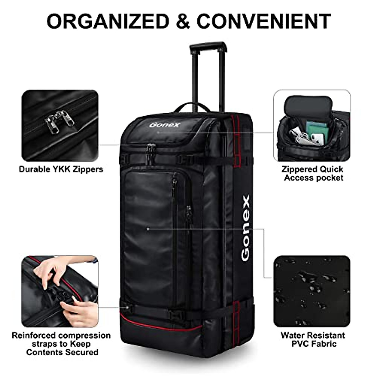 Gonex Rolling Duffle Bag with Wheels, 100L Water Repellent Large Wheeled Travel Duffel Luggage with Rollers 33 inch, Black