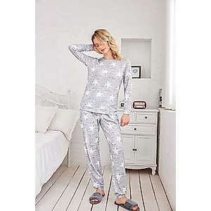 Ekouaer Womens Pajama Set Long Sleeve Sleepwear Star Print Nightwear Soft Pjs Lounge Sets with Pockets light Grey White Star Medium