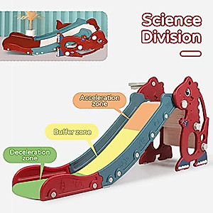 Sephyroth Kid Slide for Toddler Age 1-3 Indoor Plastic Slide Outdoor Playground Climber Slide Playset with Basketball Hoop & Ring Game (Dinosaur Red)