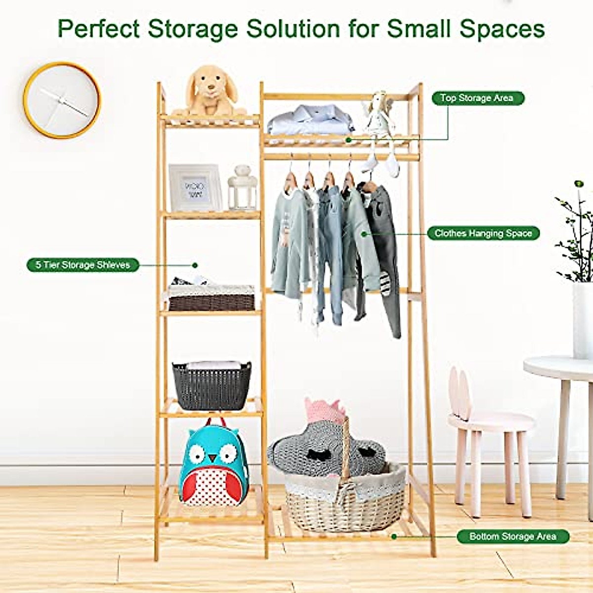 Jotsport Bamboo Clothes Rack with 7 Tier Storage Shelves Clothing Hanging Stand for Small Spaces Children's Wardrobe Closet, Multifunctional Plant Stand
