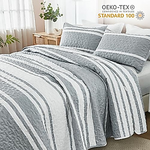 Andency California King Quilt Set Grey White (112x104 Inch), 3 Pieces (1 Cal King Patchwork Striped Printed Quilt and 2 Pillowcases), Soft Lightweight Reversible Microfiber Bedspread Coverlet Bedding