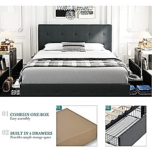 HOOMIC King Size Platform Bed Frame with 4 Storage Drawers, Adjustable Headboard, Square Stitched Button Tufted Design with Wooden Slats, No Box Spring Needed, Dark Grey