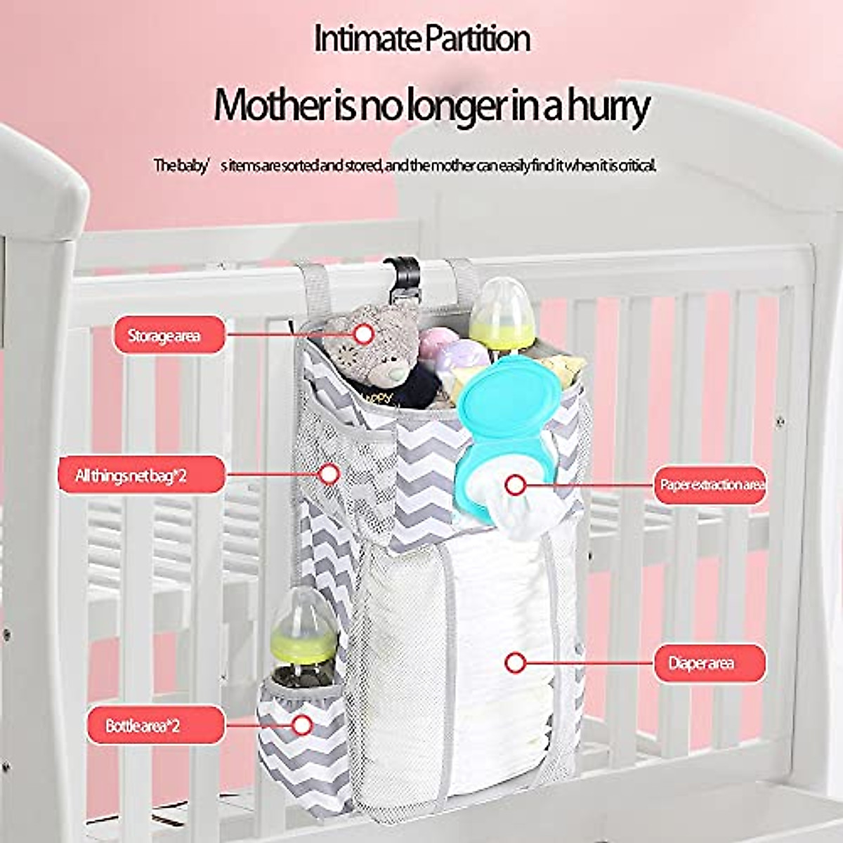 WSNM Hanging Diaper Organizer,Baby Bed Hanging Organizer,Nursery Organization Baby Diaper Holder, Diaper Stacker Storage for Crib, Playard, Changing Table or Wall with 2 Buckle straps (Gray)