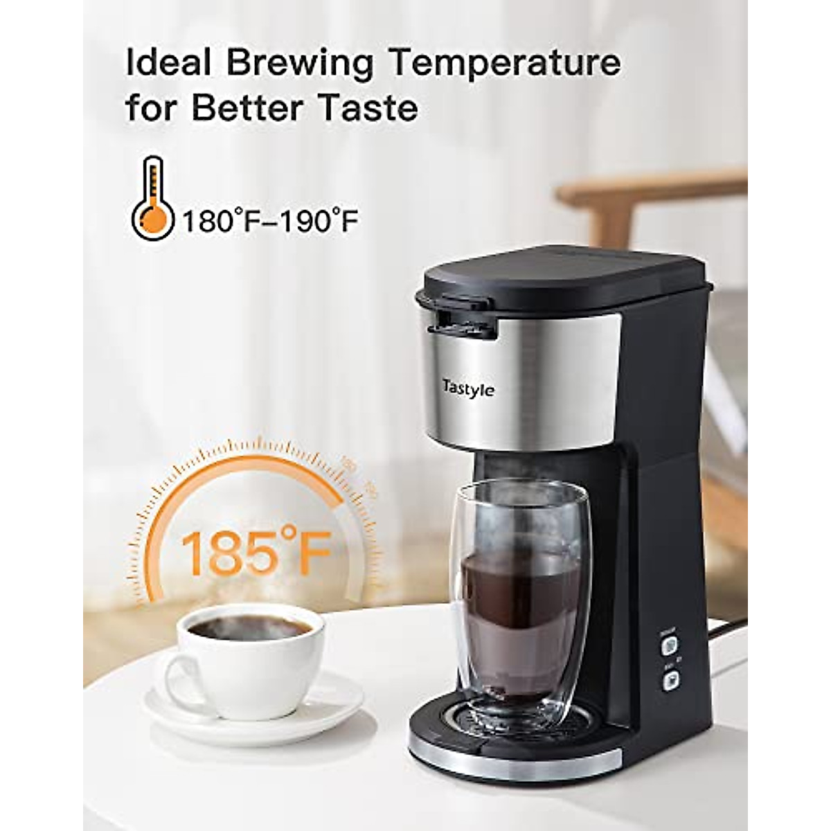 Tastyle Single Serve Coffee Maker for K Cup & Ground Coffee, Regular and Bold Brew Options, Small Coffee Machine Single Cup with Descaling Reminder, Fits Travel Mug, 6 to 14 Oz Brew Size, Black