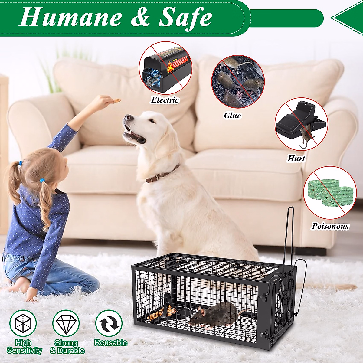 2 Packs Humane Rat Trap Outdoor Mouse Traps Indoor Use, Rodent Chipmunk Traps for Small Live Animal Catch and Release - Black