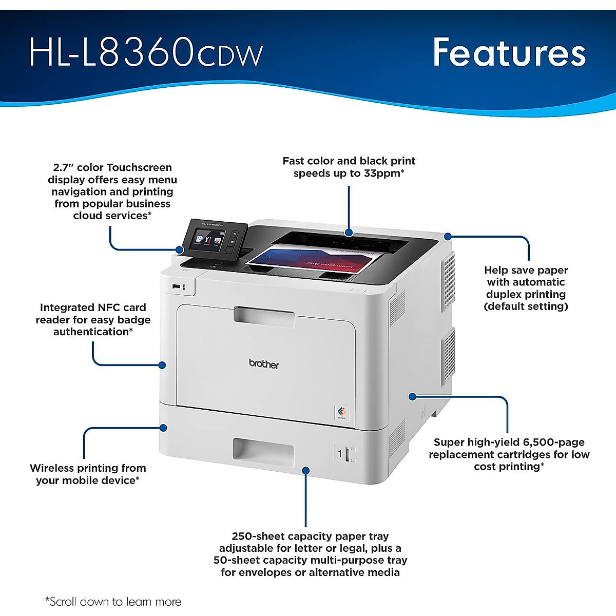 Brother HL-L8360CDW Wireless Single-Function Color Laser Printer - Print Only - USB, Ethernet, WiFi, NFC Connectivity, 2.7" Touchscreen LCD, 31 ppm, 600 x 2400 dpi, 1GB Memory, Auto Duplex Printing