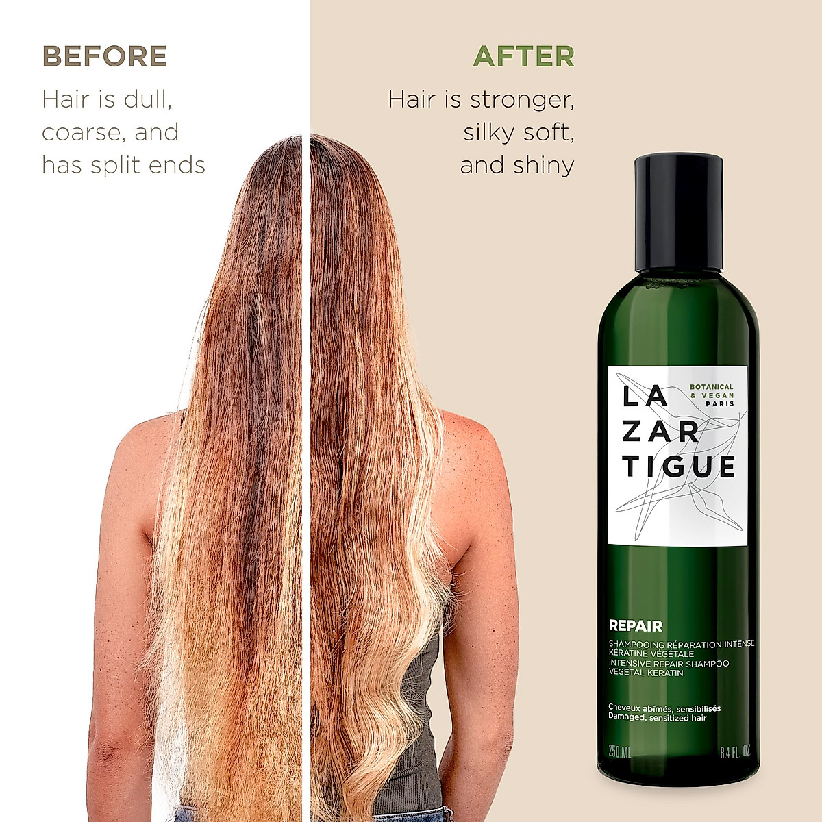Lazartigue Repair Shampoo, Vegetal Keratin for Deep Repair & Shine, Vegan, Sulfate-Free, Silicone-Free, for Damaged Hair, 8.4 Fl. Oz.