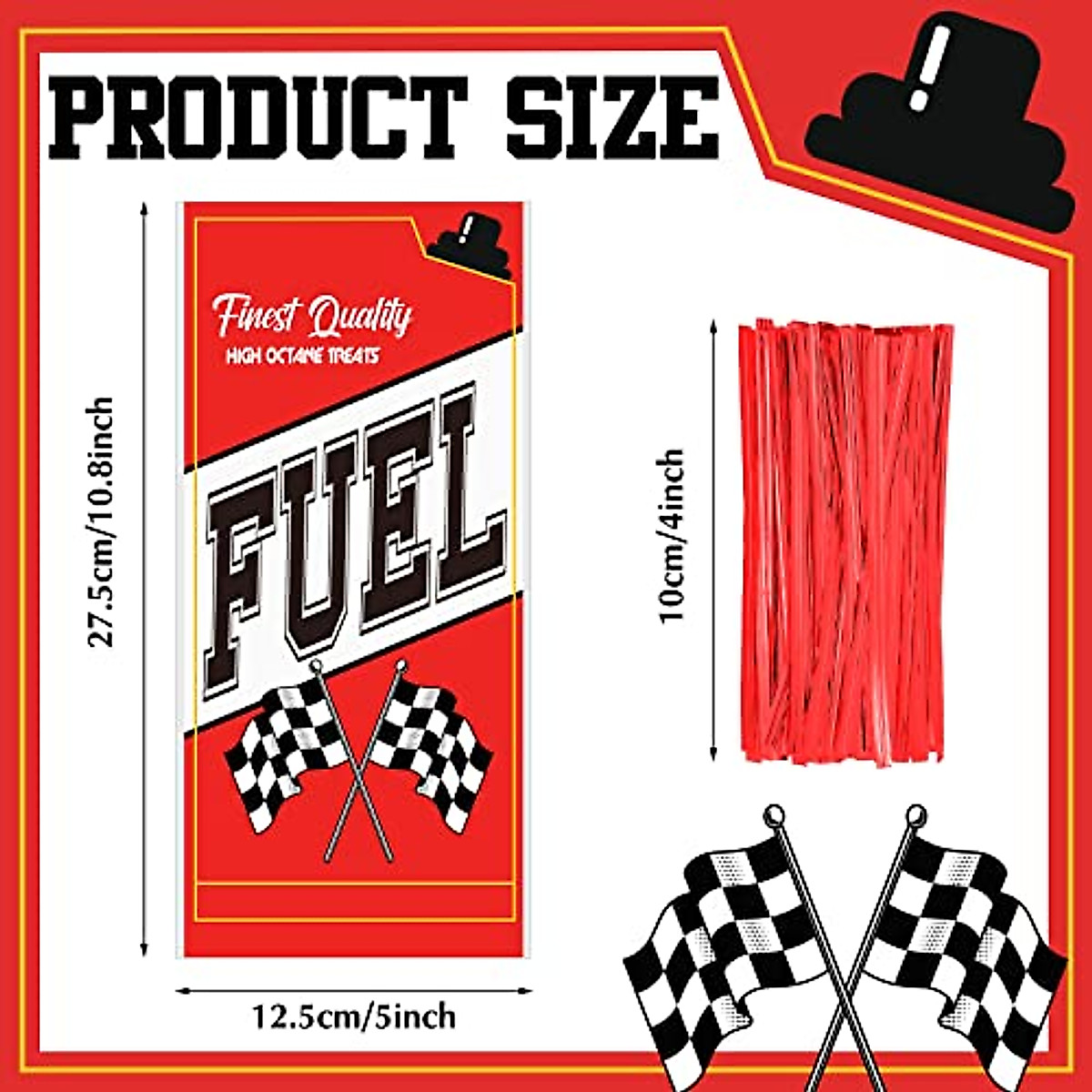100 Pcs Race Car Fuel Can Popcorn Treat Bags Racing Car Cellophane Candy Bags Cookie Snacks Bags with Twist Checkered Racing Flag Bags Racing Theme Decorations Racing Car Birthday Party Supplies