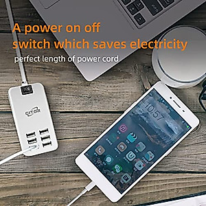 Multi USB Charger, 6 Port USB Charging Station for Multiple Devices, Phone, Tablet, Power Strip with ON/Off Switch (White)