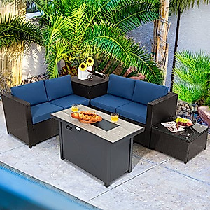 Tangkula 5-Piece Patio Furniture Set with 42 Inches Propane Fire Pit Table, Outdoor Wicker Conversation Set with Cushions, Storage Box and Coffee Table, 60,000 BTU Propane Fire Pit Table (Navy)