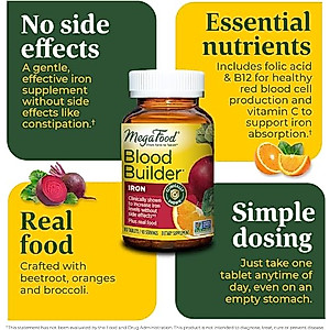 MegaFood Blood Builder - Iron Supplement Clinically Shown to Increase Iron Levels without Side Effects - Iron Supplement for Women with Vitamin C, Vitamin B12 and Folic Acid - Vegan - 90 Tabs