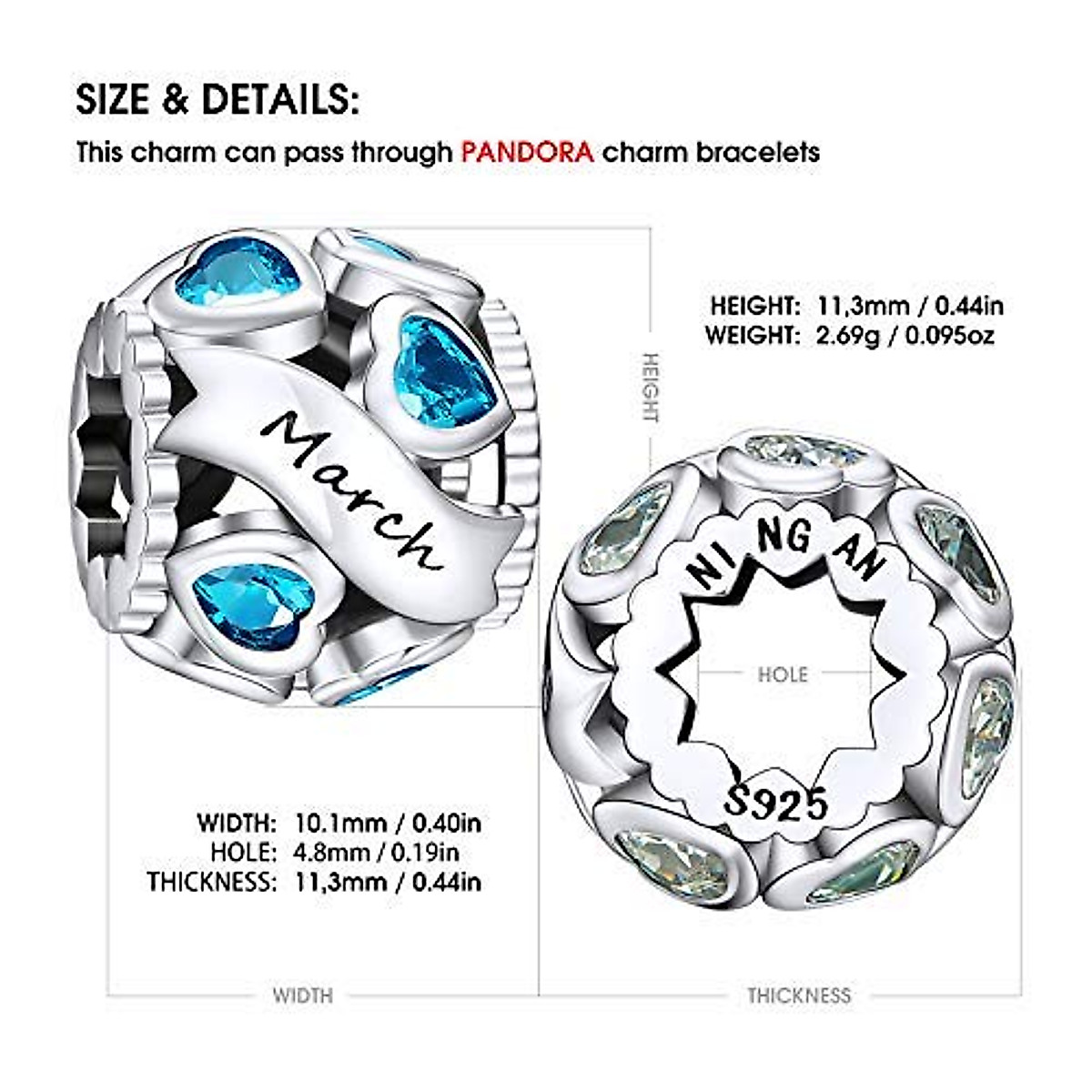 NINGAN March Birthstone Charms 925 Sterling Silver Love Heart Openwork Bead for Charm Bracelets and Necklaces with 5A Cubic Zirconia, Birthday Mothers Day Jewelry Gifts Women