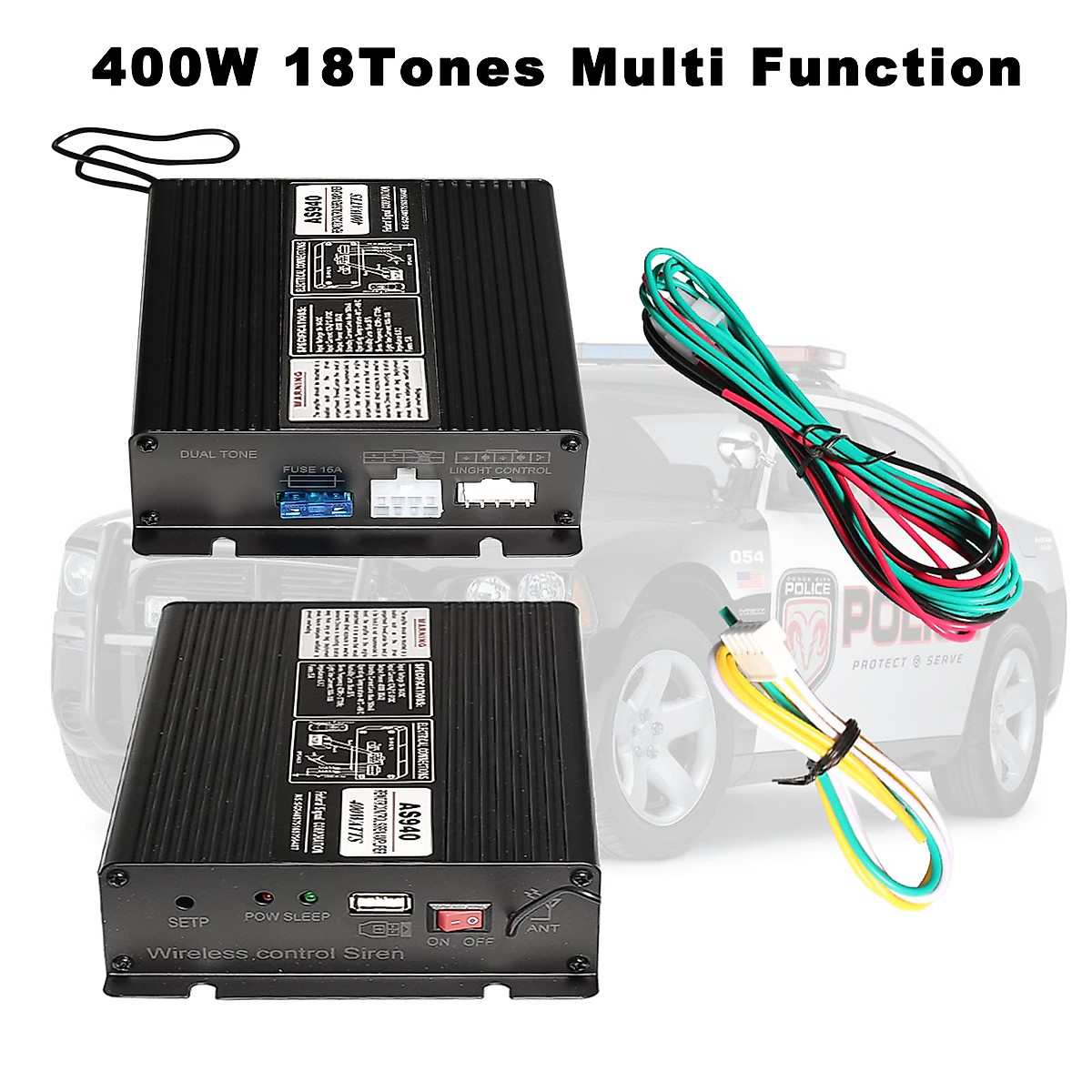 Monrand 400W Police Siren Emergency System, 12V 18 Tones 400W Amplifier PA Speaker System ,130db Two Ultra Slim 400 Watt Lound Siren Speaker with Remote Control Fit for Police Car ATV Truck Engineer