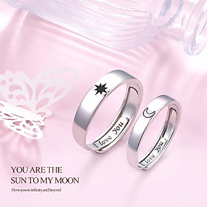 Ladytree 2PCS 925 Sterling Silver Adjustable Rings Couples Promise Engagement Rings for Him and Her Set Sun and Moon 2In1 I Love You Rings