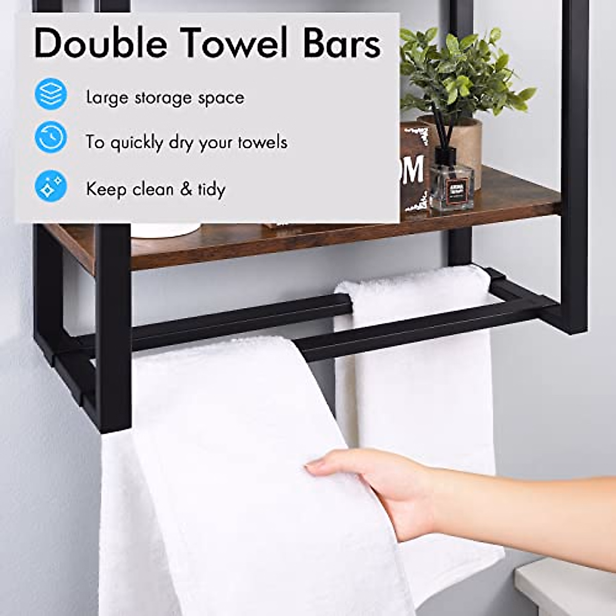 KES Bathroom Shelf with Bar Wall Mounted, 2-Tier Industrial Wooded Rustic Wall Shelf Over Toilet Rack with Double Adjustable Bar Floating Shelves 23.6-inch Metal Black, BTR500S60-BK